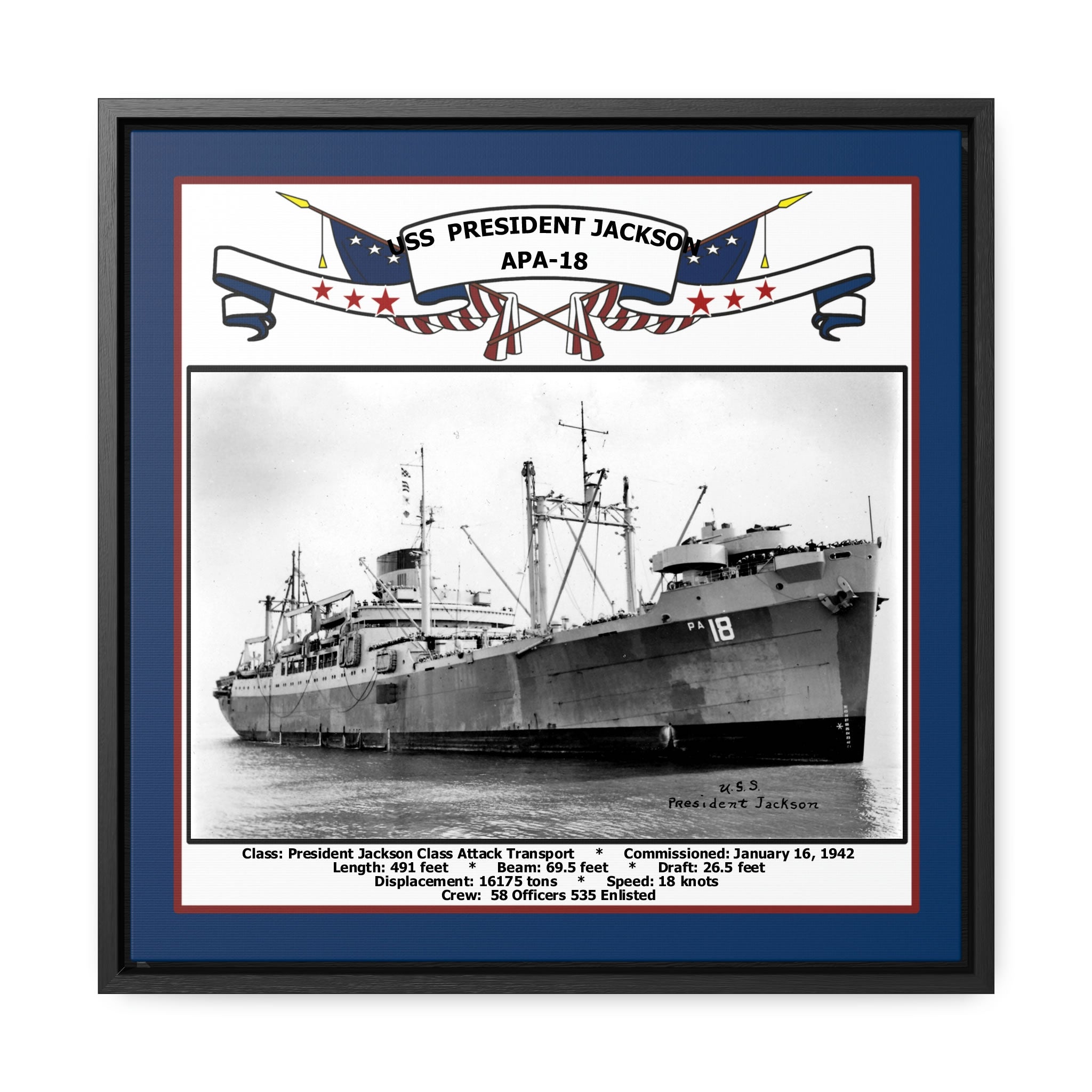 USS President Jackson APA-18 Navy Floating Frame Photo – Navy Emporium