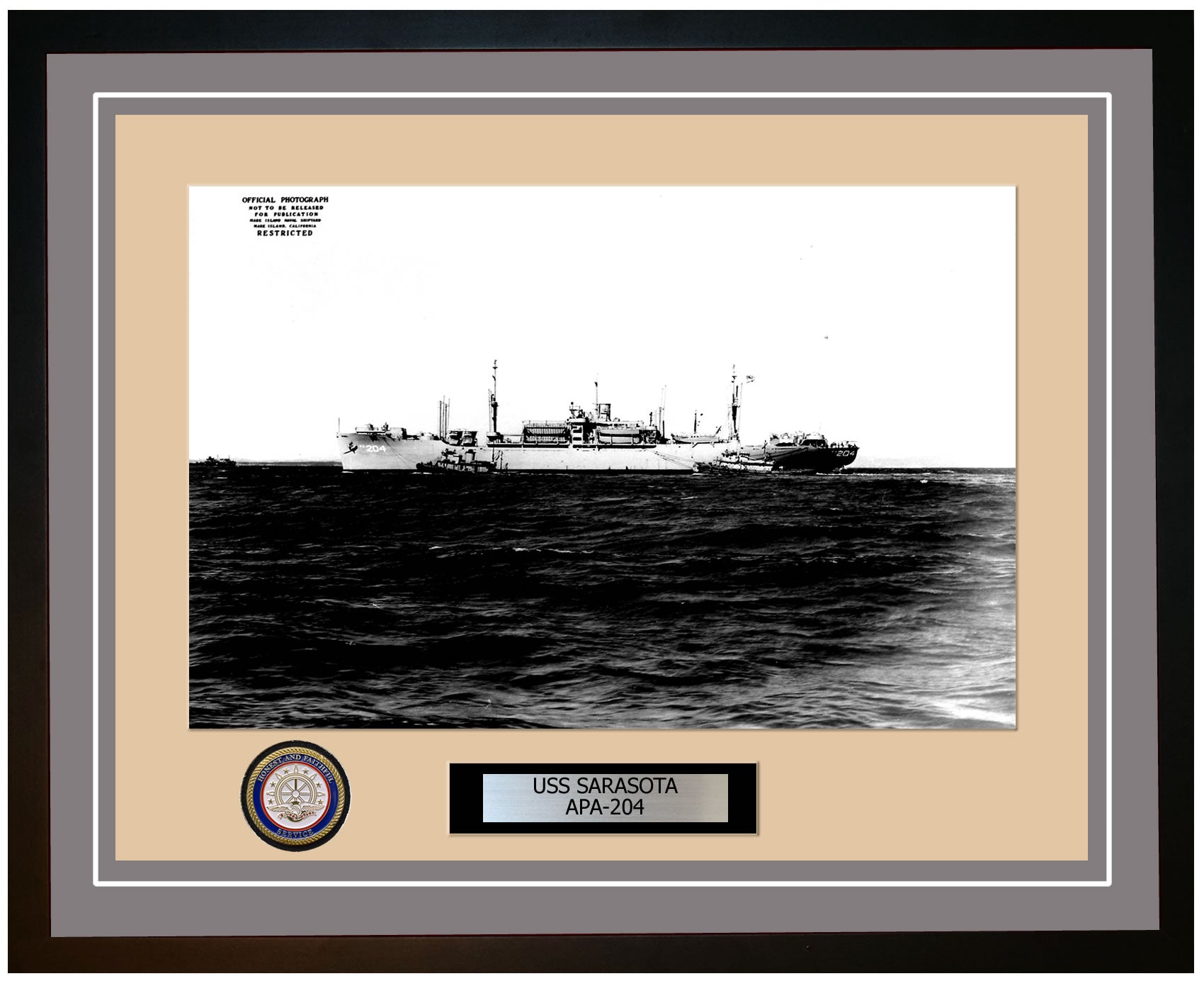 USS Sarasota APA-204 Framed Navy Ship Photo Burgundy – Navy Emporium